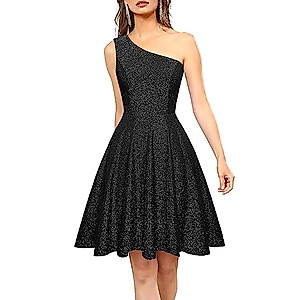 DRESSTELLS Women's Cocktail Party Dresses, Black One Shoulder Glitter Sparkly Homecoming Dress for Teen, Summer Wedding Guest Skater Dress 2023 M