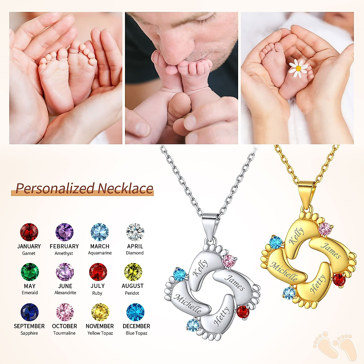 ChicSilver Sterling Silver Custom Feet Pendant Necklace for Women Personalized Mothers Necklace with 4 Simulated Birthstones 4 Names Engraved Mother Day Jewelry Gift for Mom Grandma