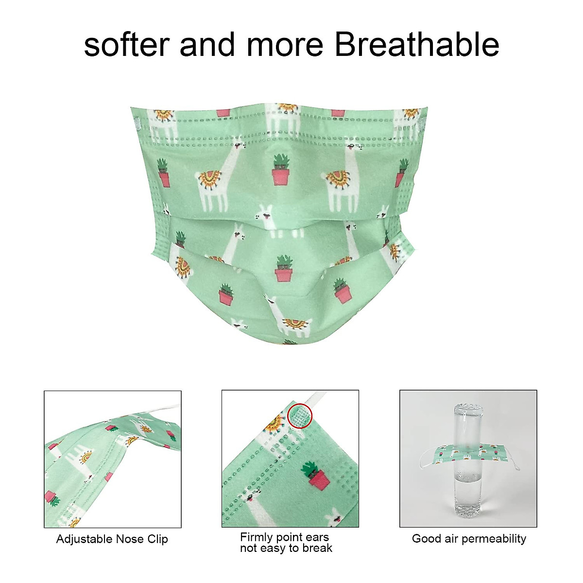 Iscoon Kids Face Mask Disposable Alpaca Print Children Breathable Safety Masks with Adjustable Nose Clip(50 Pack)