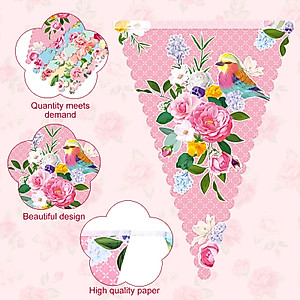 49 Ft 60 Pcs Tea Floral Party Paper Bunting Decor Outdoor Bunting Banner Floral Pennant Banner Tea Party Birthday Supplies for Wonderland Tea Party Favor Garden Baby Shower Bridal Wed Girl Bedroom
