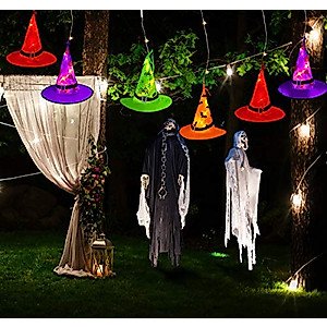 XTF2015 Halloween Decorations Outdoor, Upgraded 8pcs Hanging Lighted Glowing Witch Hat Lights, 44FT 104LED Waterproof Halloween Light for Outdoor,Garden, Trees, Party Decorations