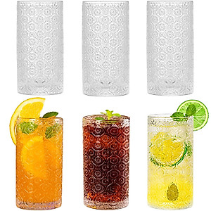 Vintage Glassware Highball Drinking Glasses - 13 Oz Cocktail Glasses Set of 6 Floral Glass Cups Embossed Cocktail Juice Water Coffee Cups - Lead-Free & Dishwasher Safe - Ideal Gifts