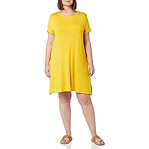 Amazon Essentials Women's Short-Sleeve Scoop Neck Swing Dress (Available in Plus Size), Yellow, X-Large