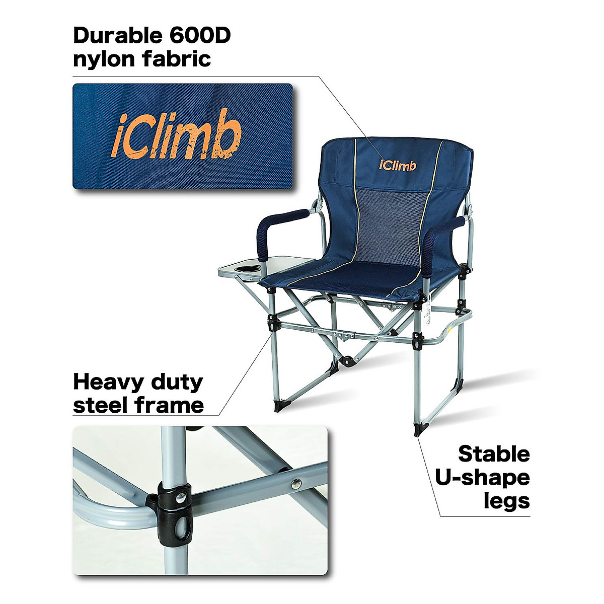 iClimb Heavy Duty Compact Camping Folding Mesh Chair with Side Table and Handle (Navy)