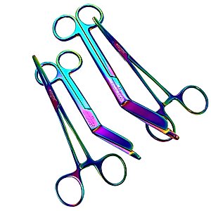 CynaMed German Nurses Doctor Lister Bandage Scissors 7.25" +5.5" + HEMOSTAT Forceps Str +Cvd 5.5" Multi Color Rainbow Color Stainless Steel - (Set of 4)