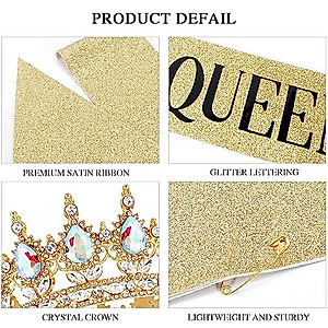 COCIDE BIRTHDAY QUEEN Sashes and Crowns for Women Birthday Sashes and Tiaras for Women Gold Sash and Tiara for Women Birthday Decoration Kit Rhinestone Headband for Girls Glitter Crystal Hair Accessories for Party