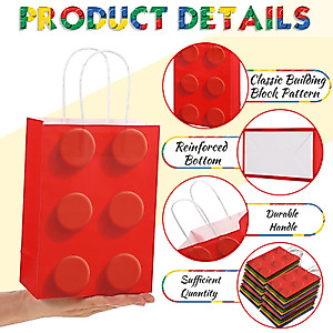 Sabary 24 Pieces Building Block Party Favor Gift Bags, Bricks Candy Treat Paper Bags, Gift Goodie Bags with Handle for Building Block Birthday Party Baby Shower Decoration Supplies