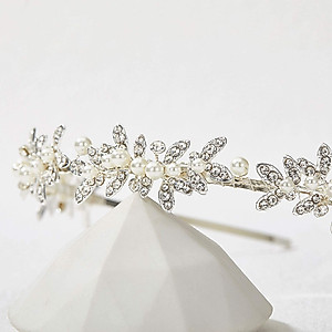 SWEETV Rhinestone Bridal Headband Silver Crystal Tiara for Women Pearl Wedding Headpieces for Bride Hair Accessories for Prom Birthday Party
