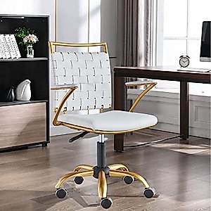 LUXMOD Vanity Chair Gold and White Chair Mid Back Ergonomic Swivel Computer Desk Chair with Arms, Ergonomic White Leather Chair for Lumbar Support & Extra Back,Home Office White Chair for Desk