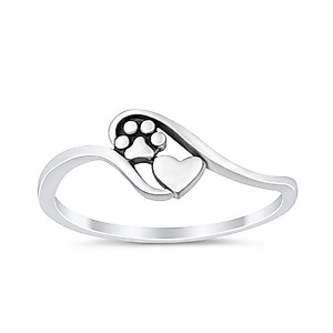 Blue Apple Co. Sterling Silver Size-10 Paw Heart Promise Ring Band Solid Round 925 Sterling Silver