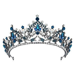 SWEETV Blue Tiara Crown for Women, Frozen Elsa Princess Crown, Gothic Wedding Tiara for Bride, Black Crystal Hair Accessories for Birthday Quinceanera Pageant Prom