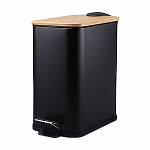 Step Trash Can with Bamboo Lid Kitchen Wastebasket Rubbish Container Modern Foot Pedal Garbage Bin for Sunroom Entryway Home, Black