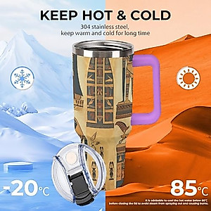 LLUTSNTH 40 Oz Vacuum Tumbler with Violet Handle Leakproof Insulated Tumbler Ancient Egypt Tribe Series Stainless Steel Travel Mug with Lid And Straw Coffee Cup Cute Water Bottles Cup Holder Friendly