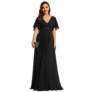Ever-Pretty Women's Chiffon A-Line Ruched Short Sleeves Applique Waist V Neck Formal Dresses and Evening Gowns Black US20