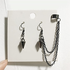 ANDPAI Unique Lightweight Black Silver Punk Long Tassel Chain Ear Cuff Earrings 316L Stainless Steel Vintage Barrel Nails Crawler Climer Dangle Drop Stud Earrings for Men Women Unisex (Black)