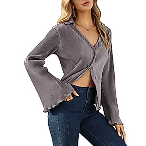 KOJOOIN Women Y2k Tops Deep V Neck Button Down Flare Long Sleeve Crop Tops Plain Casual Shirts Grey Purple