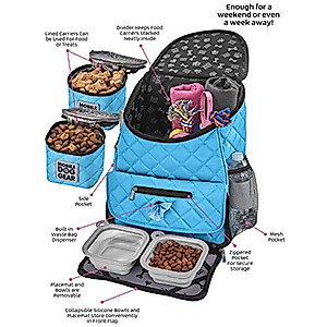 Mobile Dog Gear, Dog Travel Bag, Deluxe Quilted Weekender Backpack, Includes Lined Food Carriers and 2 Collapsible Dog Bowl, Light Blue