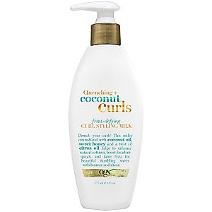 OGX Quenching + Coconut Curls Frizz-Defying Styling Milk, Nourishing Leave-In Hair Treatment with Coconut, Citrus Oil & Honey, Paraben-Free and Sulfated-Surfactants Free, 6 fl oz