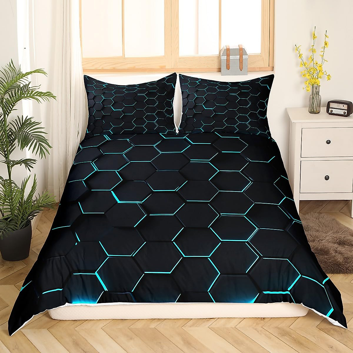 Honeycomb Hexagon Bedding Set,Geometry Duvet Cover for Kids Teen Boys Girls,Teal Neon Lights Comforter Cover Decorative Room,Modern Diamond Pattern Quilt Cover with 2 Pillowcases,Full Size