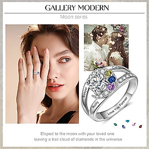 Zomodia Personalized Promise Rings for Her Engraved Names Anniversary Ring for Women Custom Moon Statement Grandma Ring (3 stones)