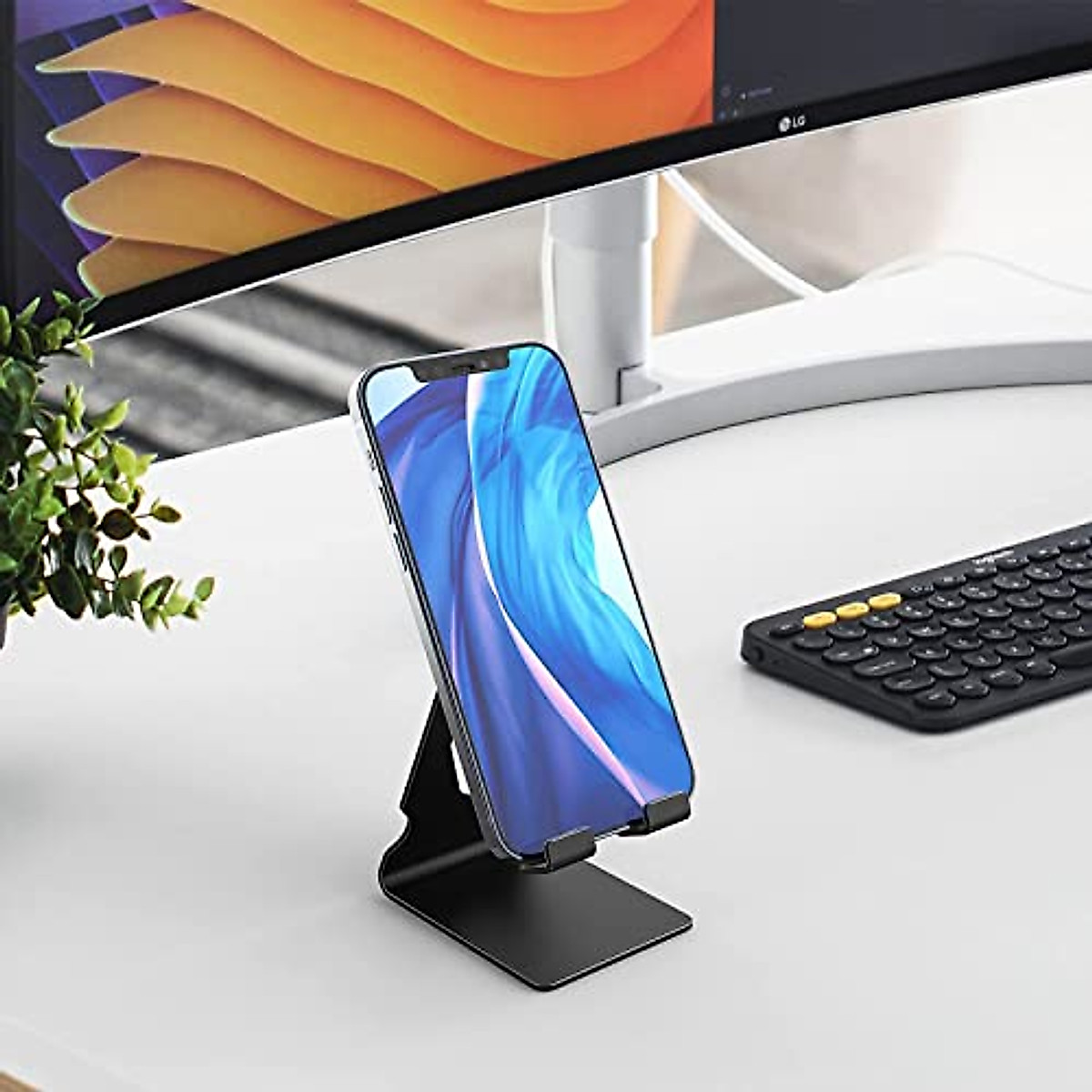 Cell Phone Stand (Black & Grey), Phone Dock, Cradle, Holder, Aluminum Desktop Cellphone Stand with Cable Collective for Office Desk, Bedside Table Compatible with iPhone 12 11 Pro Max