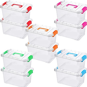 Suzile 10 Packs 7.5 Qt Storage Bins with Lids Clear Plastic Bins with 5 Colors Handle Stackable Storage Containers with Labels Markers for Office Home School Supplies Organization
