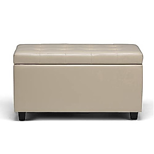 SIMPLIHOME Cosmopolitan 34 Inch Wide Transitional Rectangle Storage Ottoman in Satin Cream Vegan Faux Leather, For the Living Room, Entryway and Family Room