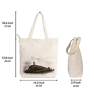 LAFORTIS Aesthetic Canvas Tote Bag with Zipper Inner Pocket, Cute Bear White Cotton Shopping Reusable Grocery Bags for Women Teachers as Gifts