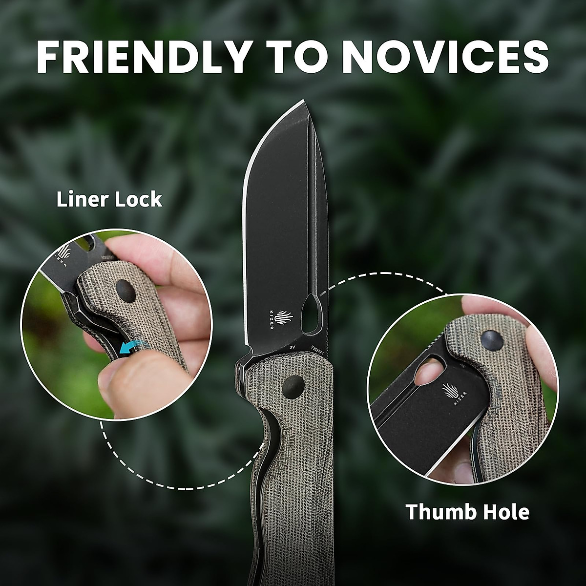 Kizer Bugai Pocket Knife 3.11 Inches Black Stonewash 3V Steel Blade Folding Knife Black Micarta Handle EDC Knife for Men Women Outdoor Camping Hunting Hiking Carving V3627A1