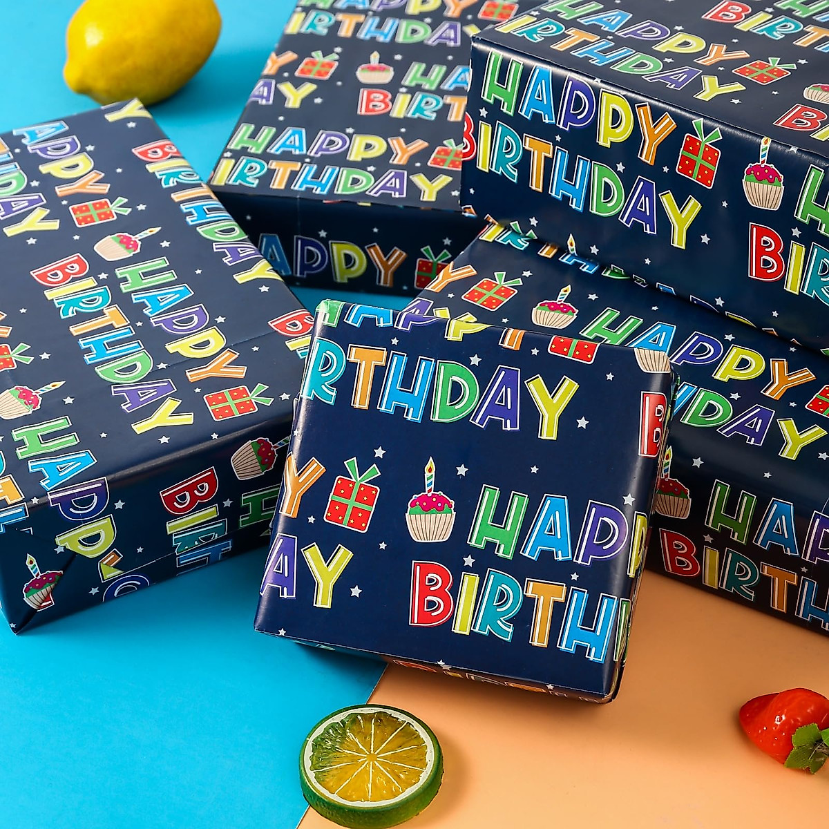 BULKYTREE Birthday Wrapping Paper with Cut Lines for Boys Girls Kids Men Women Holiday Birthday Theme Party - 3 Large Sheets Colorful Cake Happy Birthday Gift Wrap - 27 Inch X 39.4 Inch Per