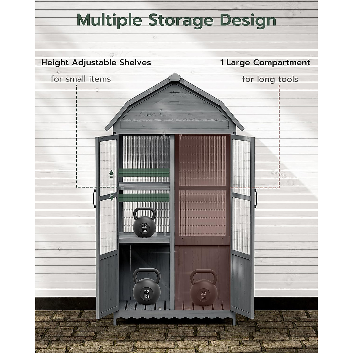 AOVSA Wooden Outdoor Storage Cabinet, 71" Weatherproof Garden Shed with Shelves, Waterproof Roof, Tool Storage for Patio/Backyard/Pool/Lawn (Gray)