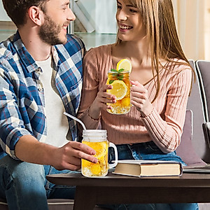 YSJILIDE Smoothie Cup with Lid and Straw, Iced Coffee Cup Reusable, Mason Jar Cups, Mason Jar Drinking Glasses for Juice Coffee Milkshake, Mason Jars with Handle Set of 2 (WHTIE)