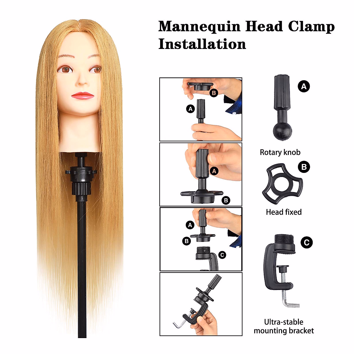 MEIBR Mannequin Head 100% Real Hair Styling Training Head 24-27inch Manikin Cosmetology Hairdressing Doll Head With Free Clamp Female+Braid Set (27#)