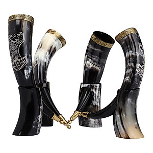 Bhartiya Handicrafts Viking Drinking Horn with Stand - Unique Genuine Ox Horn - Handmade Horn- Mjolnir Carved Horn - Thor Horn 4 pieces