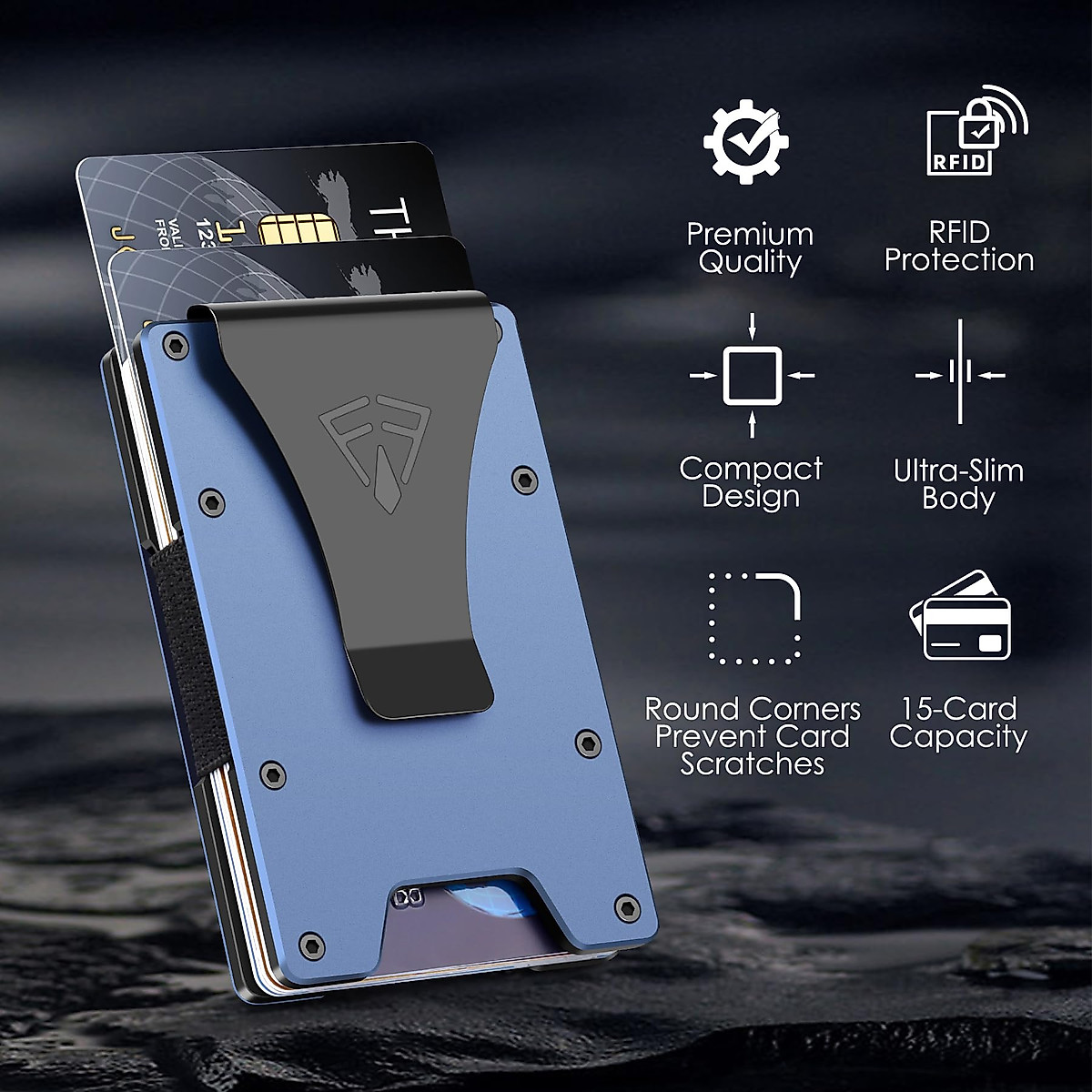 Slim Minimalist Wallet for Men with Money Clip - 15 Credit Card Holder RFID Wallet for Men - Front Pocket Mens Wallet with Compact Design - Easy to Access for Cards - Ideal Gift for Him(Pacific Blue)