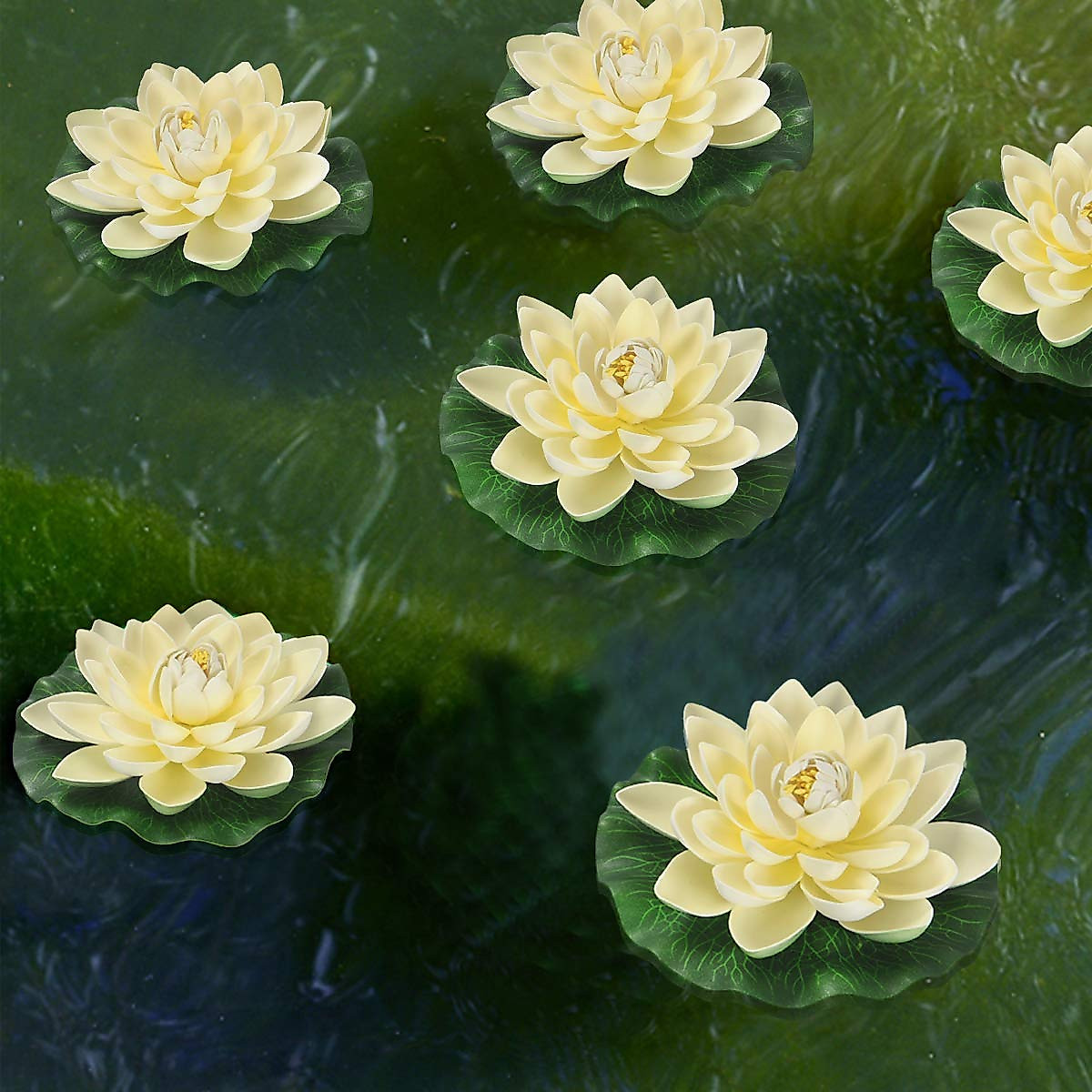 Artflower Artificial Floating Foam Lotus Flowers, 6Pcs Artificial Water Lily Pads, Lotus Lilies Pad Ornaments for Patio Koi Pond Pool Aquarium Home Garden Wedding Party Decor, Ivory