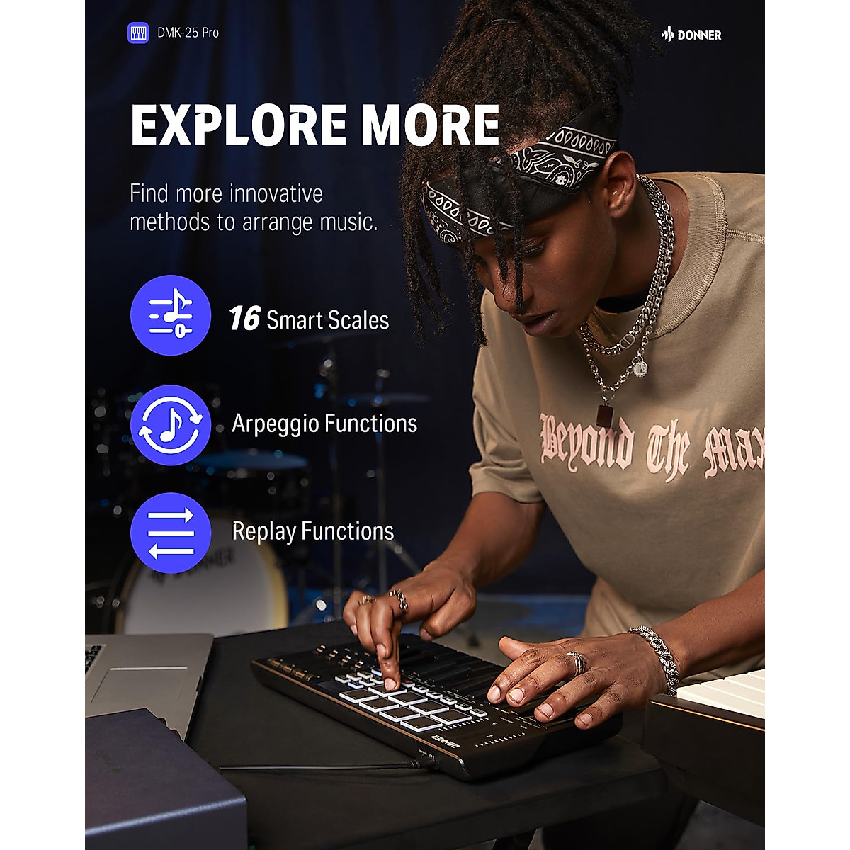 Donner DMK25 Pro MIDI Keyboard Controller, 25 Mini Key Portable USB-C MIDI Keyboard with 8 Drum Pads, OLED Display, Personalized Touch Bar, Music Production Software and 40 Teaching Courses