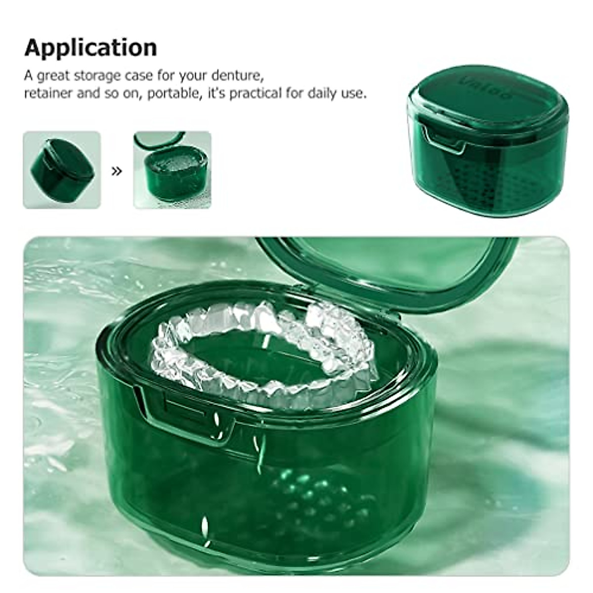 Healeved Retainer Case Denture Bath Cup with Strainer Basket Retainer Cleaner Orthodontic Mouth Case Soak Container for False Teeth Green