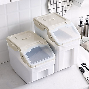 YXQ 25LB Large Flour Storage Container Bin ,2 Pack Airtight Plastic with Wheels Seal Locking Lid Dispenser Organizer Storage Bin with Measuring Cup & Scoop for Flour, Rice, Grain 50LBS Total