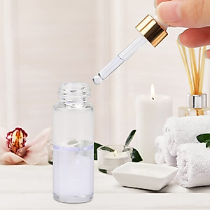 Empty Transparent Glass Bottles Containers Vials Holder,5ml Essential Oil Glass Dropper Bottle Makeup Sample Storage Containers With Gold Head Glass Dropper &White Dropper Cap&2pcs Straws,50pcs