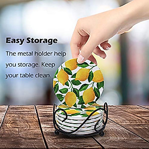 Drink Coasters Set of 6 with Holder, Lemon Absorbent Ceramic Coasters for Wooden Table, Rustic Coasters Cork Base New Home Decor House Warming Gift