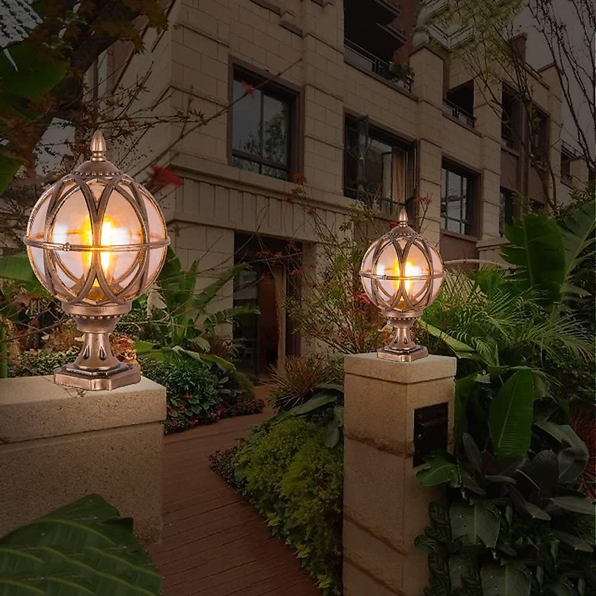 SYUFRE Outdoor Post Light Fixture IP65 Exterior Rainproof Glass Post Lanterns Globe Post Lamp Fence Table Light Lawn Garden Landscape Lamp for Courtyard Decorative Lighting