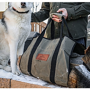 WHITEDUCK TUFF Large Firewood Carrier 21 Oz. Heavy Duty Waxed Canvas Log Carrier Holder for Fireplace, Carrying Wood Indoor & Outdoor (Olive, Rectangle (39"x18"))