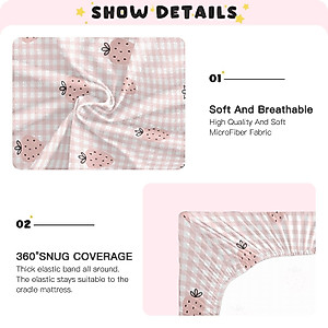 KICPOAY Fitted Crib Sheets Plaid and Strawberry Pink Stretchy Portable Playard Sheets for Baby Toddler, Breathable Soft Mini Crib Mattress 39 x 27 in for Boys and Girls