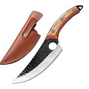 ZENG Butcher Knife Hand Forged Boning Knife with Sheath, Viking Knife, Huusk Japanese Knife, High Carbon Steel Fillet Chef Knife Meat Cleaver Knife for Kitchen, Camping, BBQ