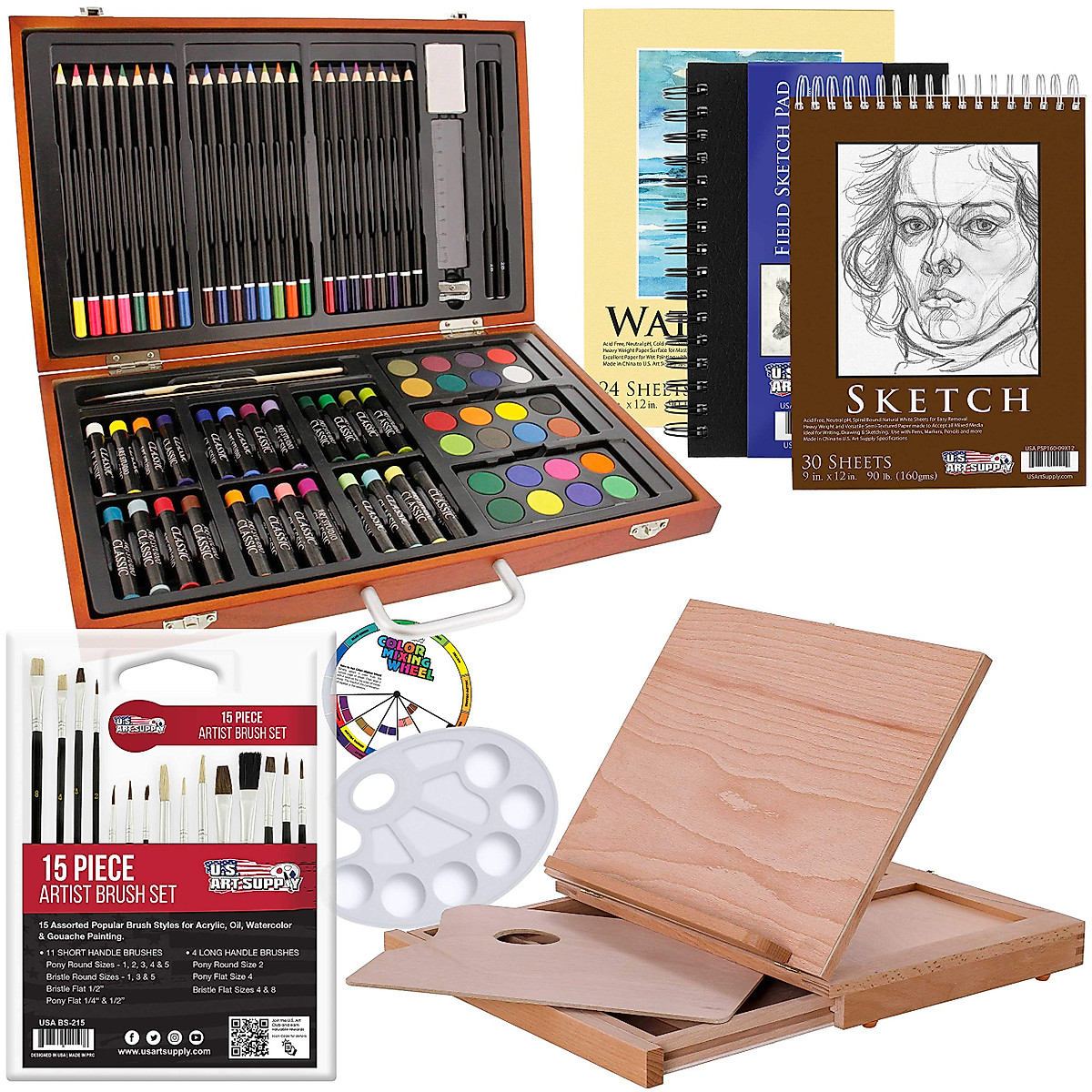 U.S. Art Supply 103-Piece Deluxe Art Creativity Set in Wooden Case with Wood Desk Easel - Artist Painting Pad, 2 Sketch Pads, 24 Watercolor Paint Colors, 17 Brushes, 24 Colored Pencils, Drawing Kit