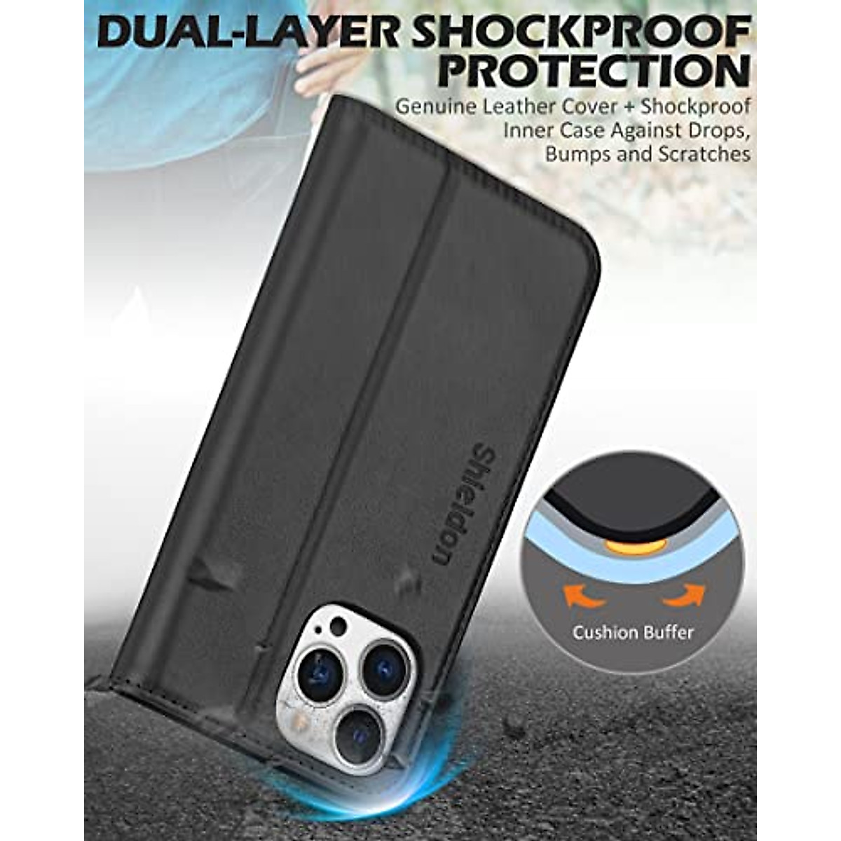 SHIELDON Case for iPhone 13 Pro 5G, Genuine Leather Wallet Case RFID Blocking Credit Card Holder Folio Magnetic Kickstand Shockproof Cover Compatible with iPhone 13 Pro 5G (6.1" 2021 Release) - Black