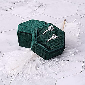 Smileshe Ring Box, Velvet Jewelry Boxes for Proposal Engagement Wedding Ceremony, Hexagon Mini Double Ring Slot Bearer Case with Detachable Lid