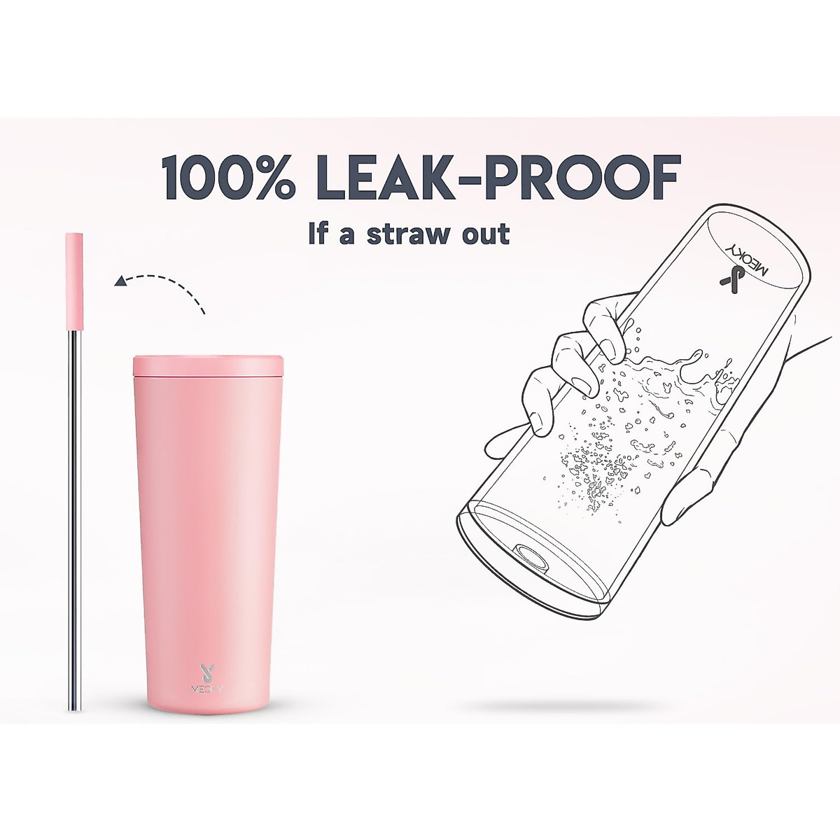 Meoky 24 oz Insulated Tumbler with Lid and Straw, Stainless Steel Vacuum Insulated Tumbler, Keeps Cold for 24 Hours, 100% Leak Proof, Fits in Car Cup Holder (Blush)
