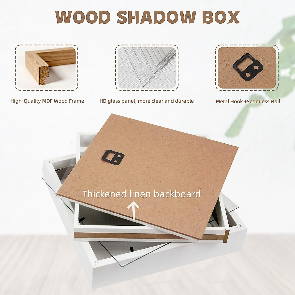 Muzilife 10x10 Shadow Box Picture Frame with Linen Board - Deep Wood & Glass Display Case Ready to Hang Memory Box Baby Sports Memorabilia, Pins, Awards, Medals, Wedding, Tickets and Photos (White)